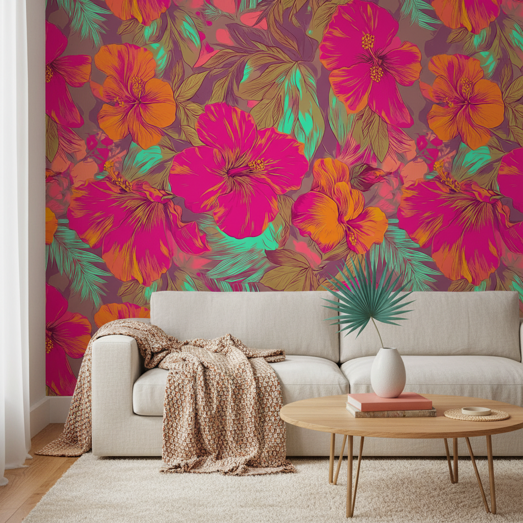 Vibrant Tropical Hibiscus Flower Mural Wallpaper | Wall Mural